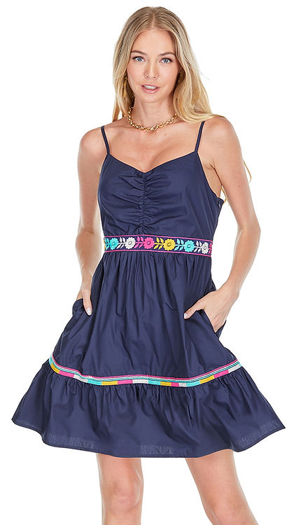 Ruched Floral Trim Dress • Navy – Tonya's Treasures Inc.