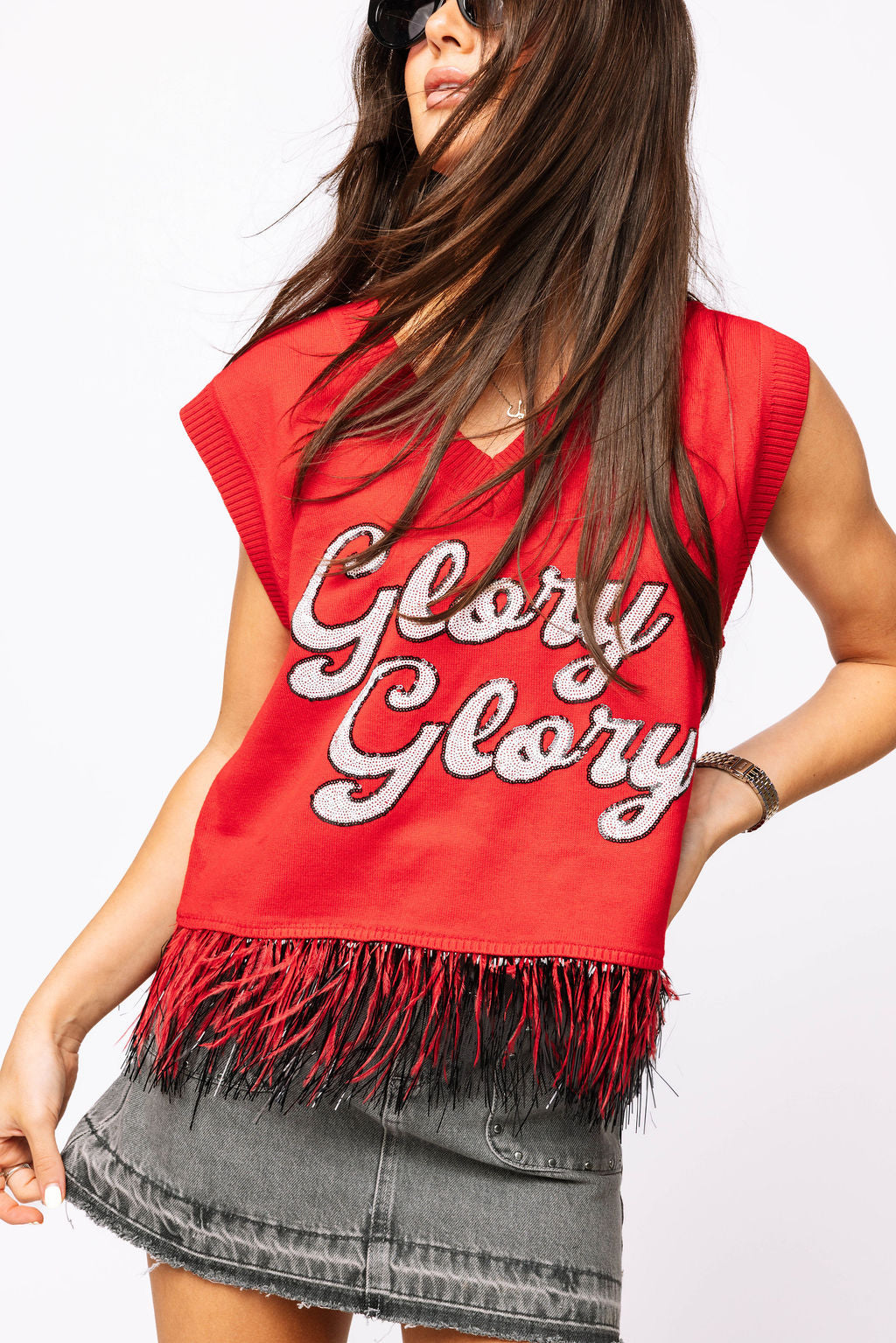 QOS Licensed UGA 'Glory Glory' Feather Bottom Tank Sweater – Tonya's ...